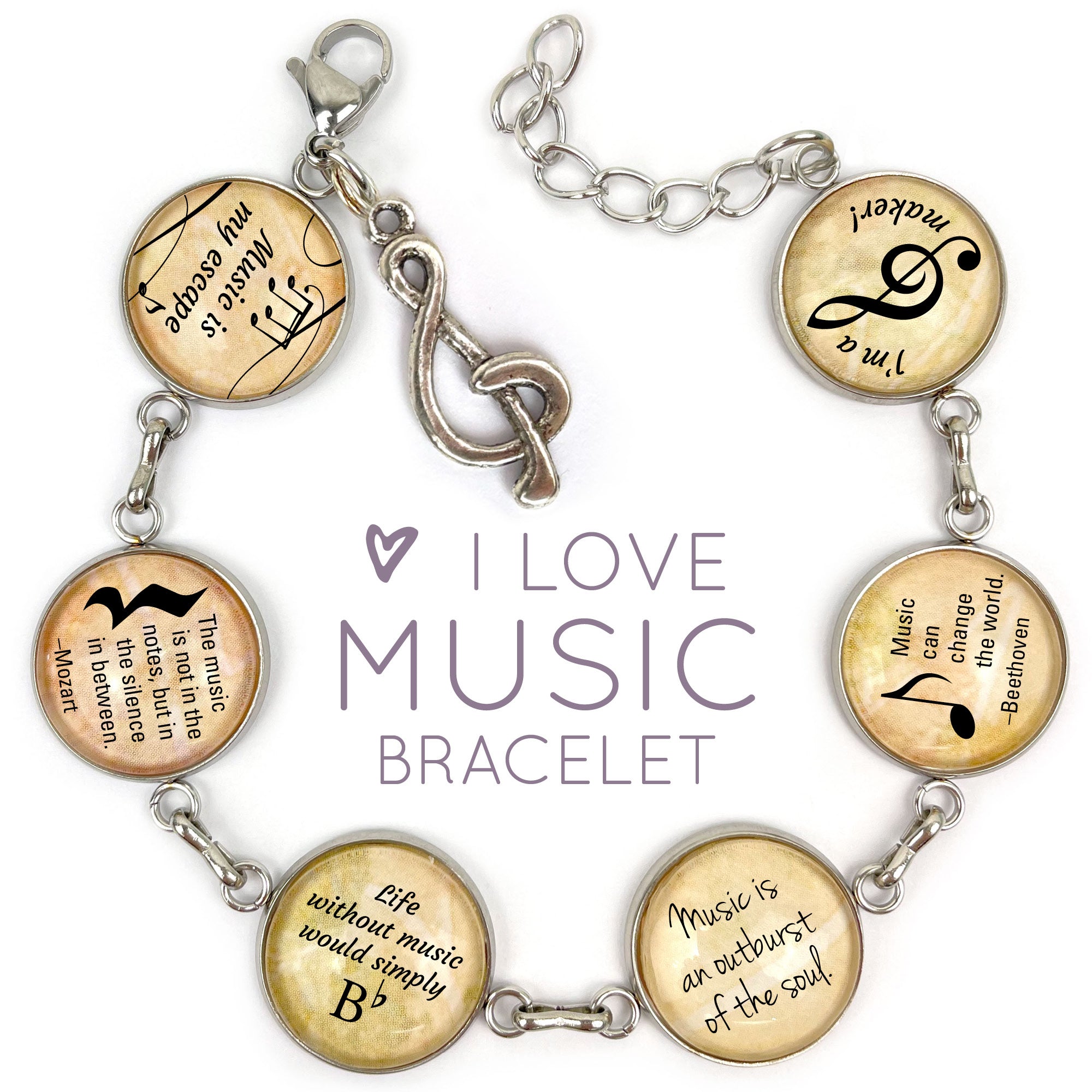 I Love Music - Glass Charm Bracelet with Dangling Treble Clef Charm
