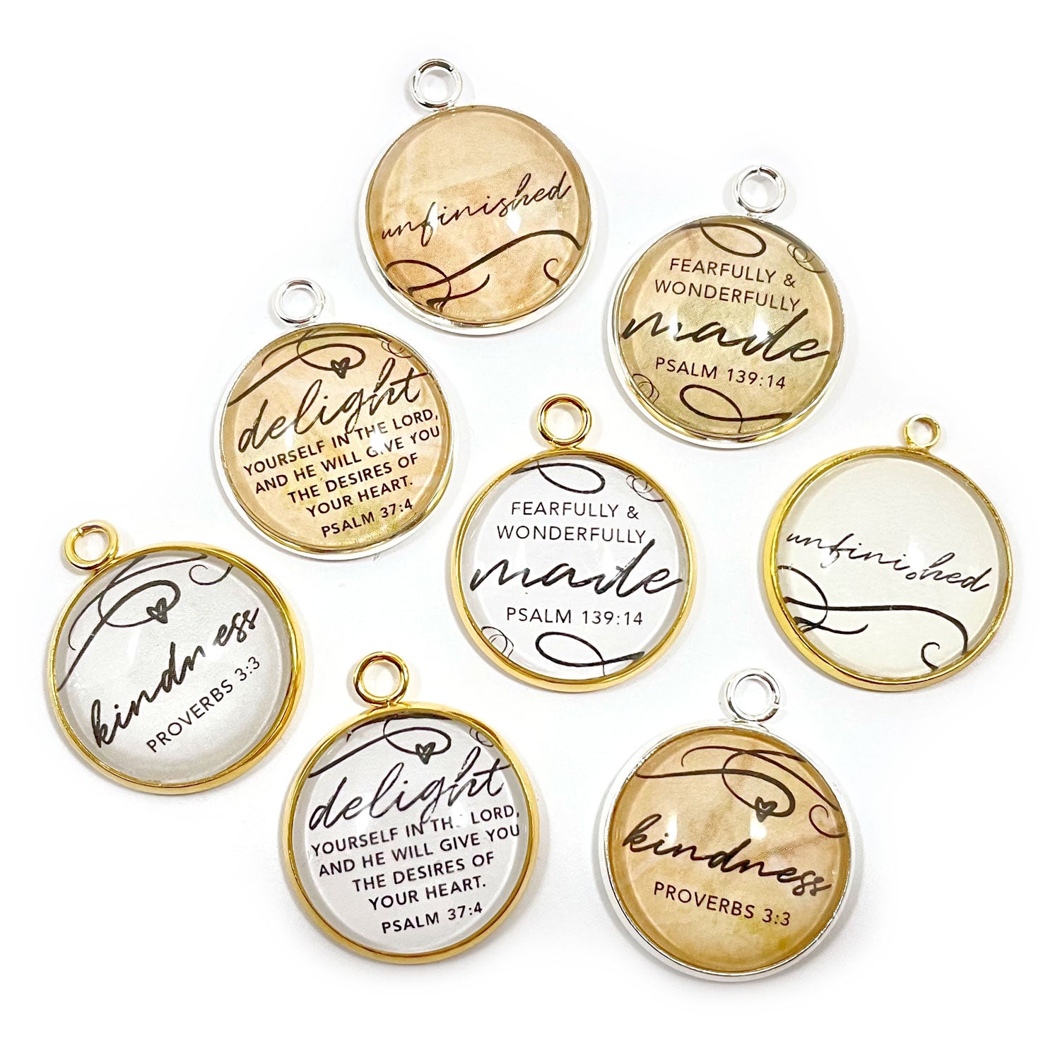 Kindness, Unfinished, Wonderful Made – Bulk Christian Scripture Charms